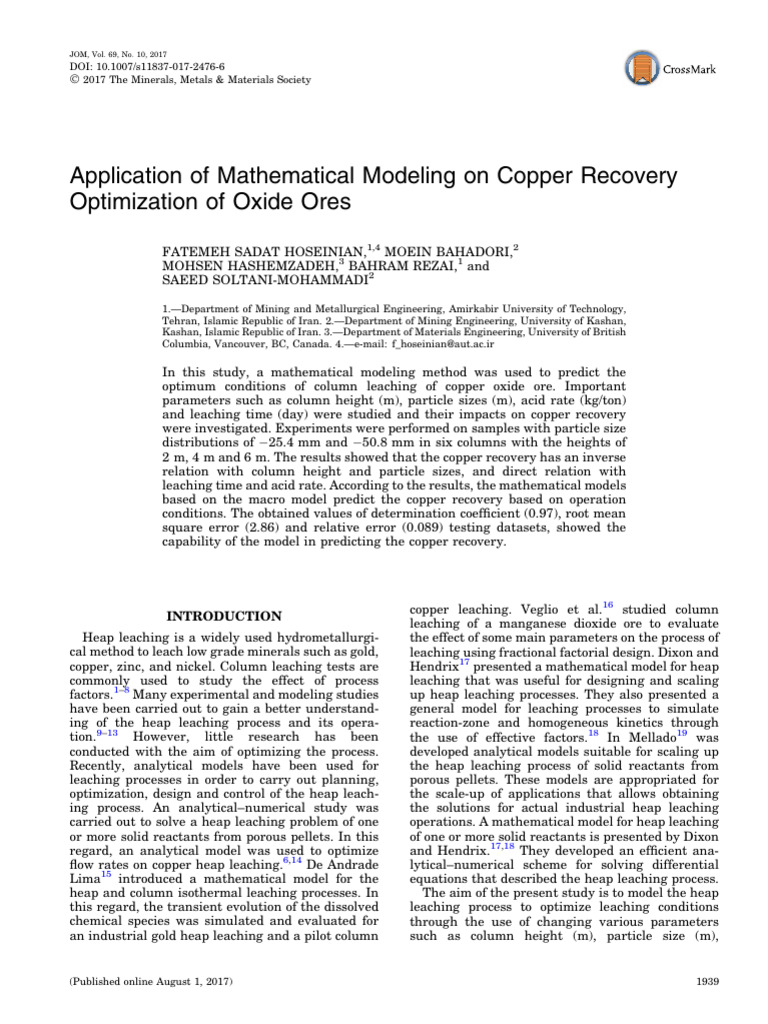 Application of Mathematical Modeling On Copper Recovery Optimization of ...