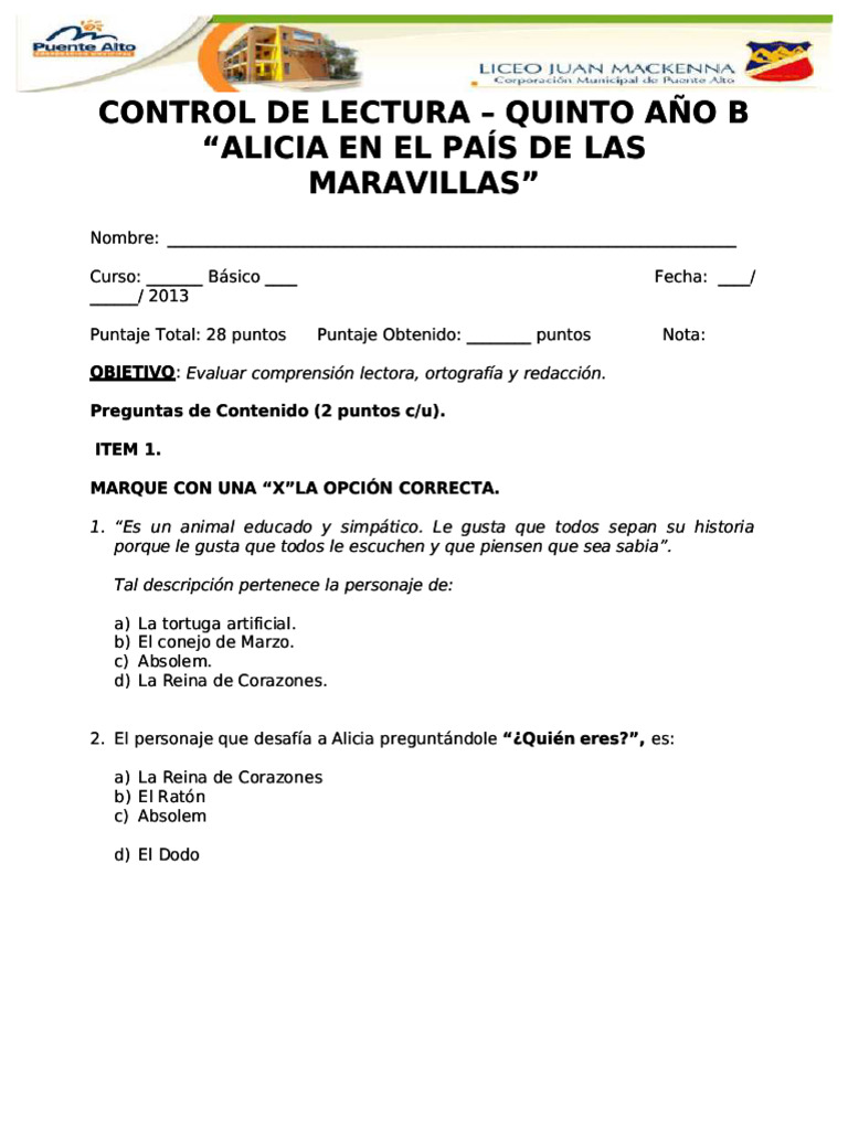 Qdoc - Tips - Control de Lectura Alicia en El Pais de Las Maravi | PDF ...