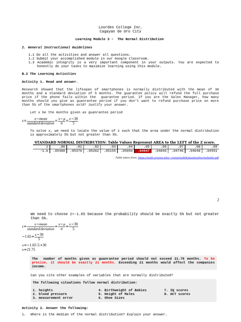 Module 3 Normal Distribution Activities - final | PDF | Normal ...