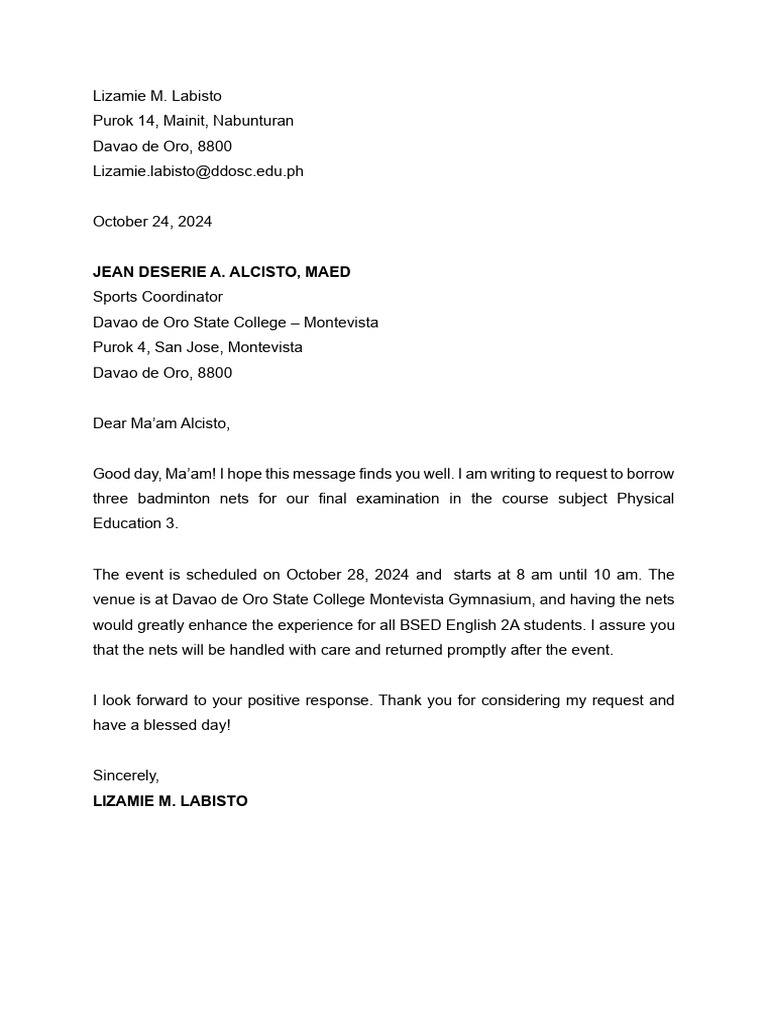 Request to Borrow Badminton Nets | PDF