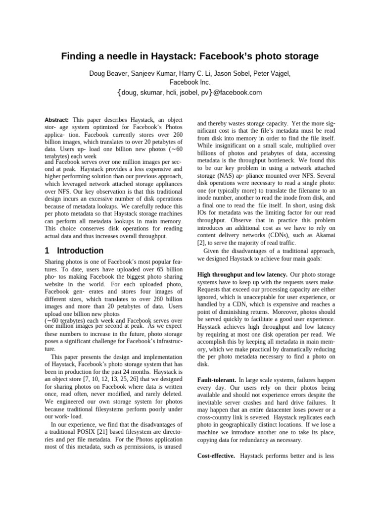 Finding A Needle in Haystack. Facebook's Photo Storage Beaver | PDF | Cache (Computing) | File ...