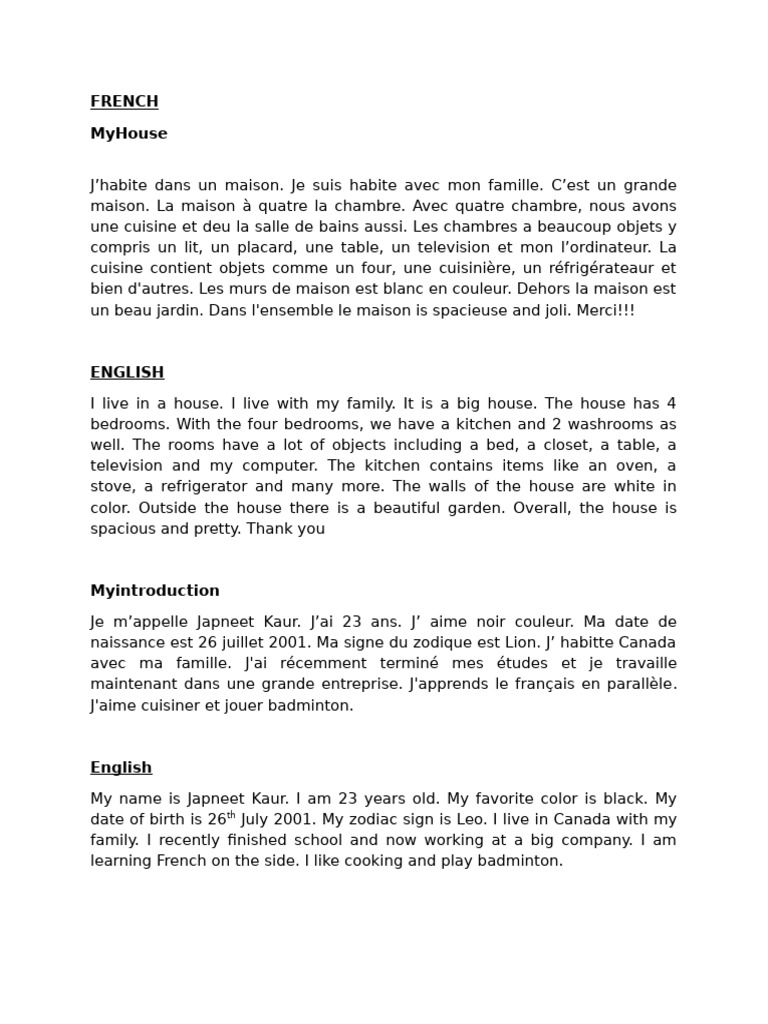 My House in French | PDF | Arts du langage et discipline | Bien-être