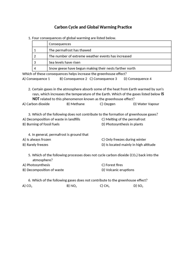 Carbon Cycle and Global Warming Practice | PDF | Greenhouse Gas ...