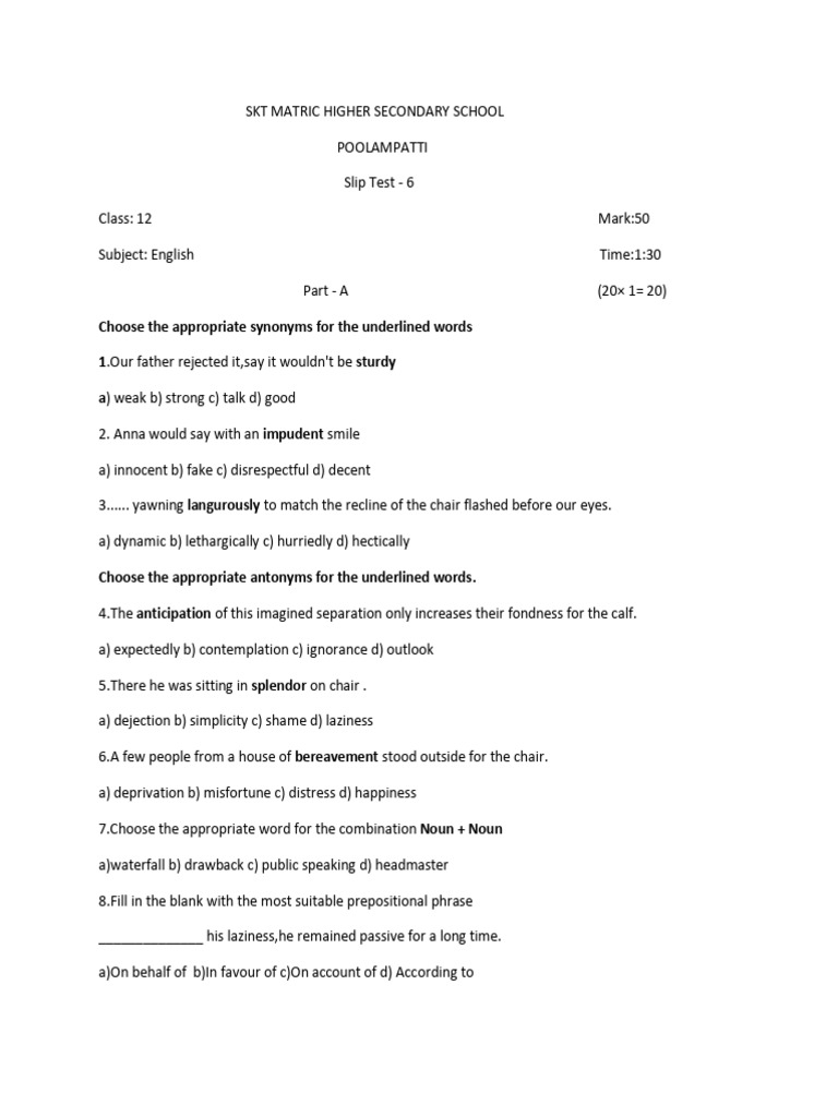 English Slip Test for Class 12 Students | PDF | Linguistics | Grammar
