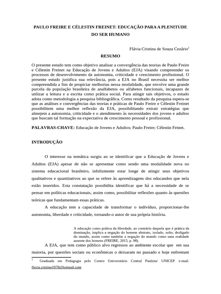 3 Artigo Paulo Freire e Celestin Freinet Educacao para A Plenitude Do Ser Humano | PDF ...