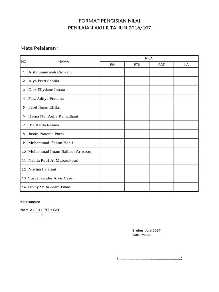 Format Pengisian Nilai | PDF
