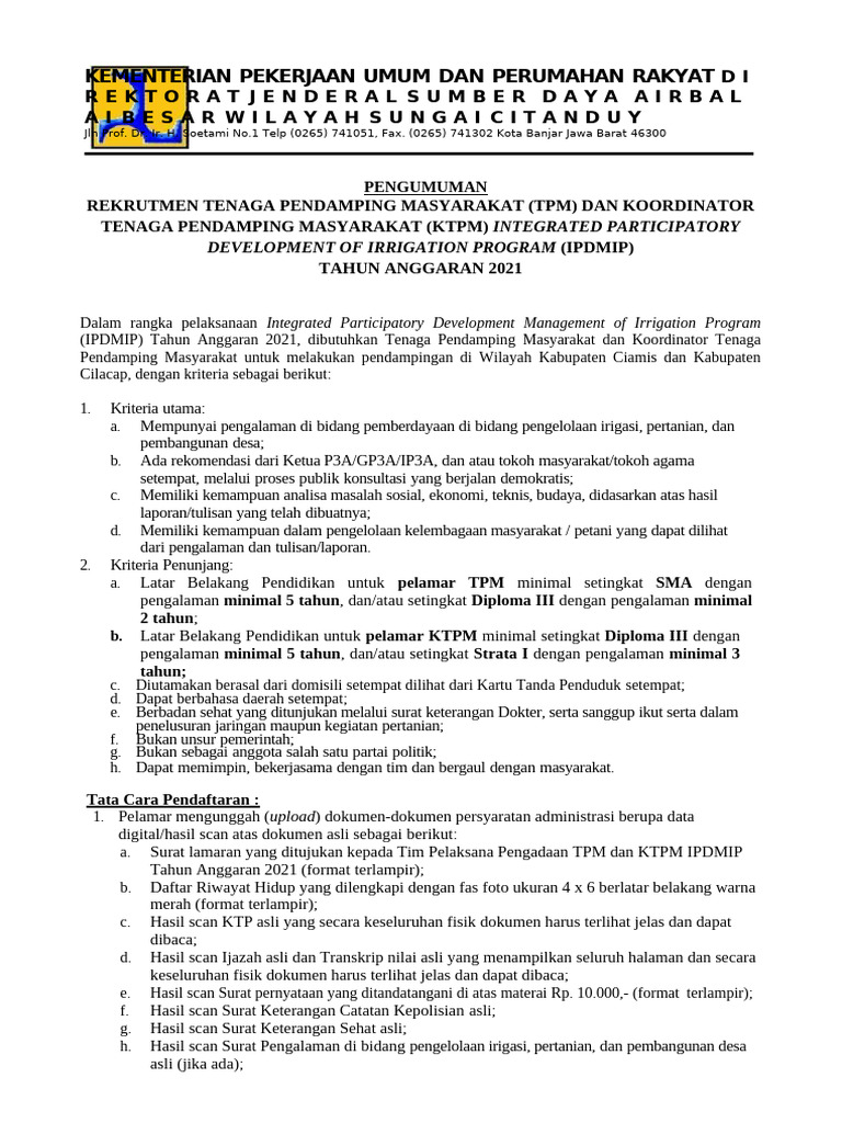 PENGUMUMAN PENGADAAN TPM DAN KTPM IPDMIP (1) - Dikonversi | PDF | Karier & Perkembangan