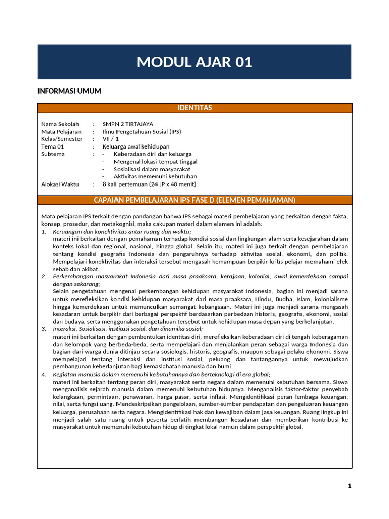06 Modul Ajar 01 Ips 7 Ikm SMT1 | PDF