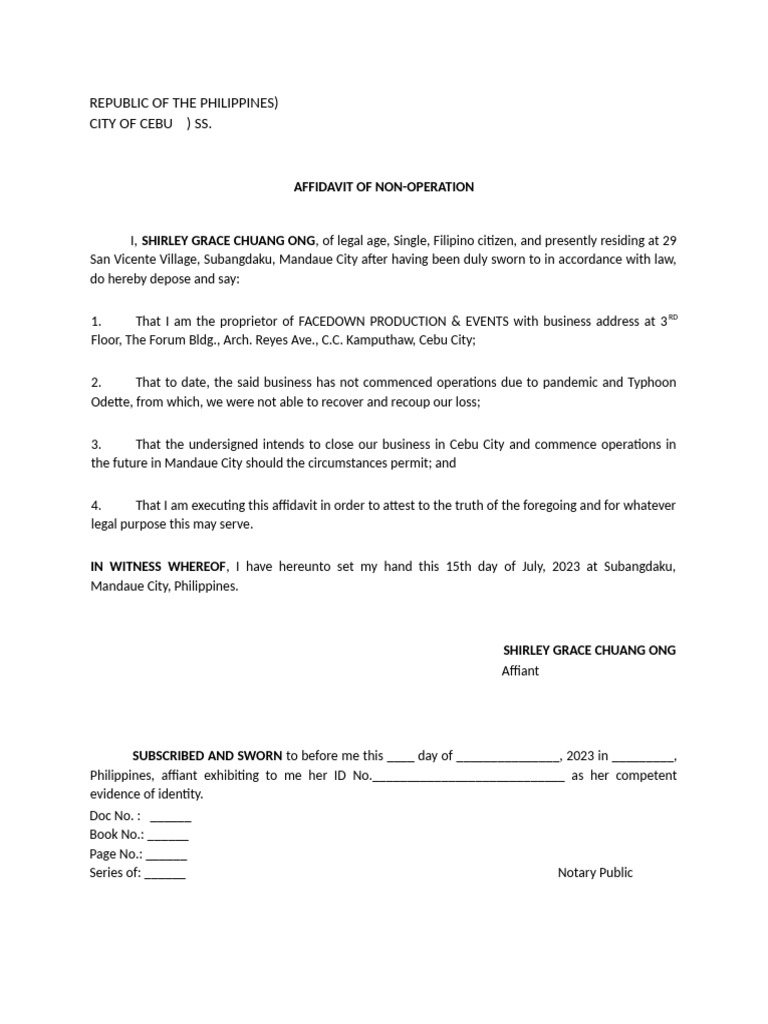 Affidavit of Non Operation | PDF