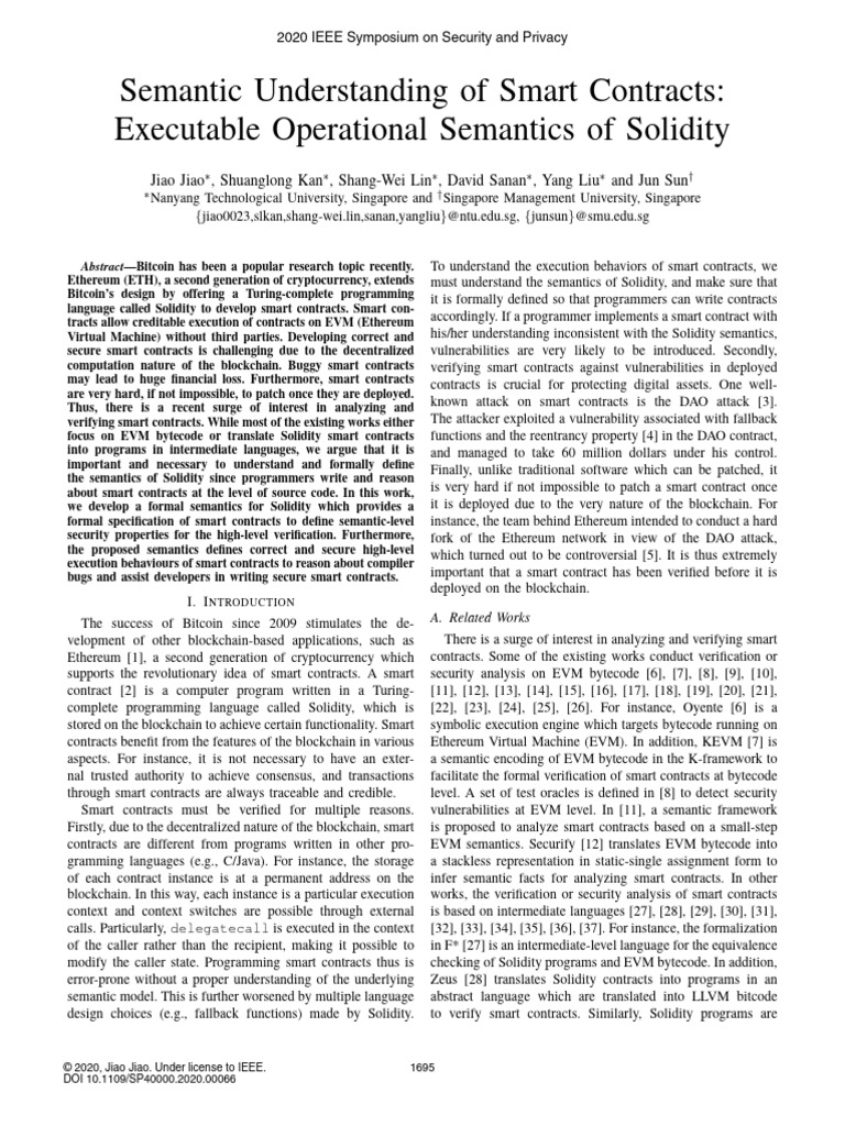 Semantic Understanding of Smart Contracts Executable Operational Semantics of Solidity | PDF ...
