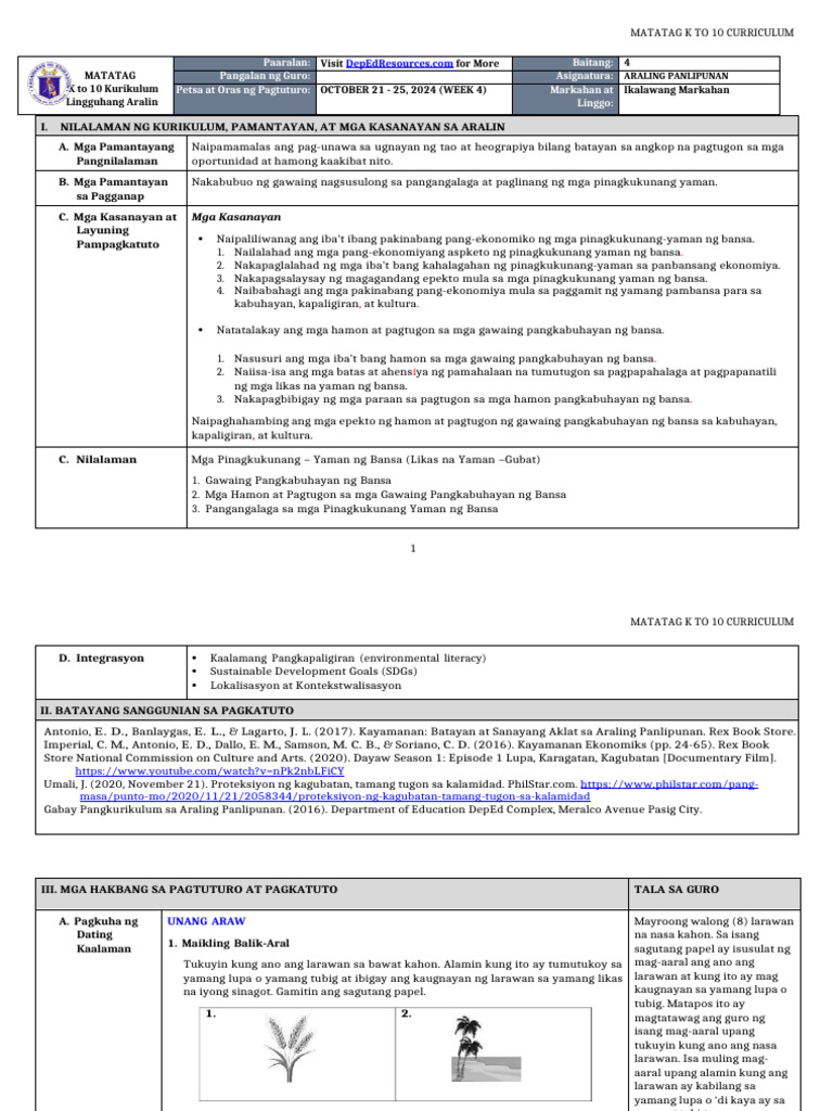 DLL Matatag - Araling Panlipunan 4 Q2 W4 | PDF