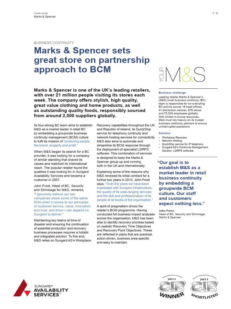 M&S Business Continuity Success Story | PDF | Disaster Recovery | Business