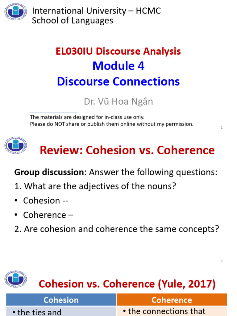 EL030IU Discourse Analysis - Module 4 - Discourse Connection - Handout | PDF | Word | Adverb