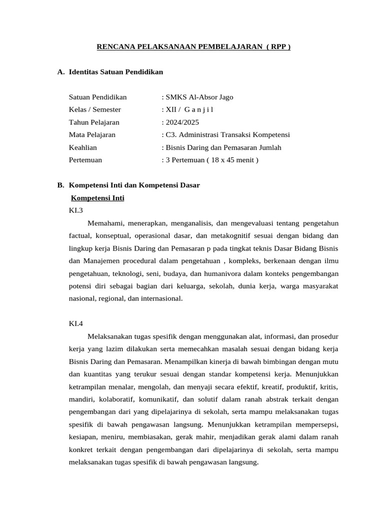 RPP KD 3 12 Administrasi Transaksi Xii PM | PDF