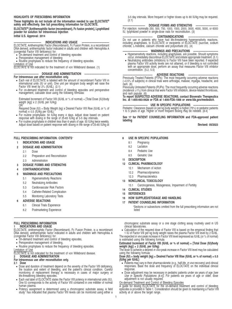 Eloctate | PDF | Dose (Biochemistry) | Chemistry