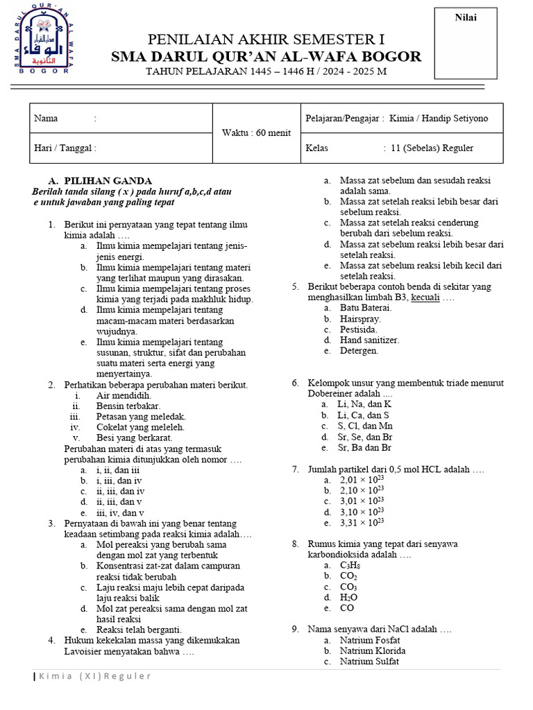 Soal PTS Kimia Kelas 11 R | PDF