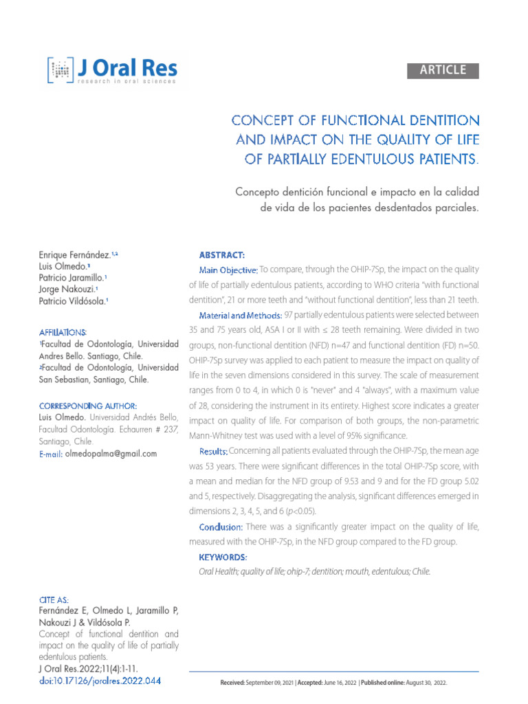 Concept of Functional Dentition and Impact On The Quality of Life of ...