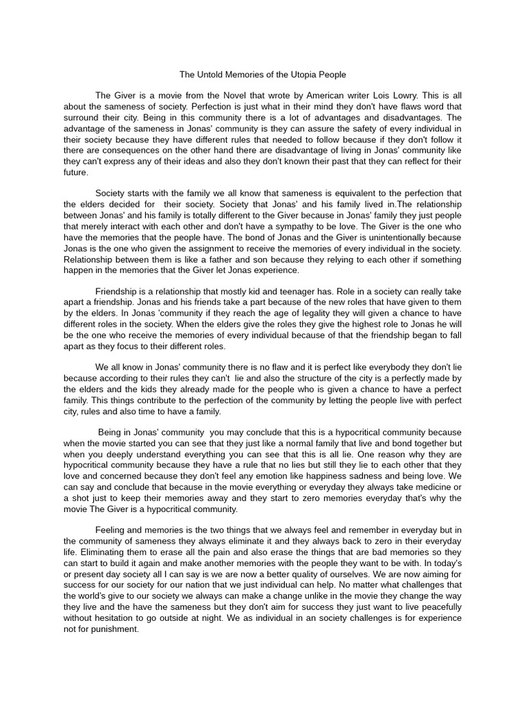REFLECTION EAAP The Giver | PDF | The Giver | Psychology