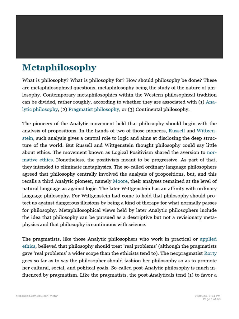 Metaphilosophy - Internet Encyclopedia of Philosophy | PDF | Metaphilosophy | Analytic Philosophy