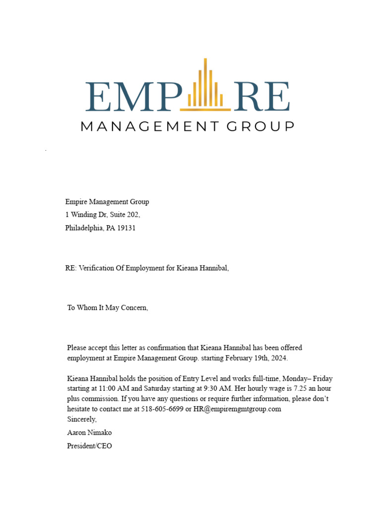 Empire Management Group Reference - Kieana Hannibal | PDF