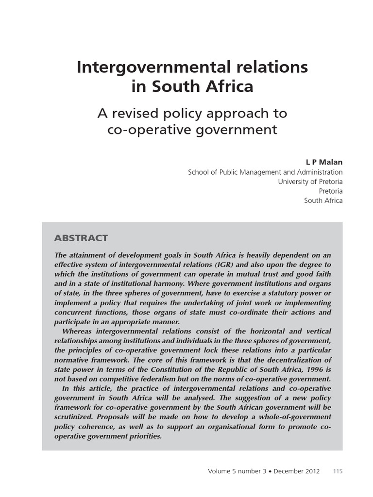Intergovernmental Relations Revised Policy Approach To Cooperative Governance by L P Malan | PDF ...