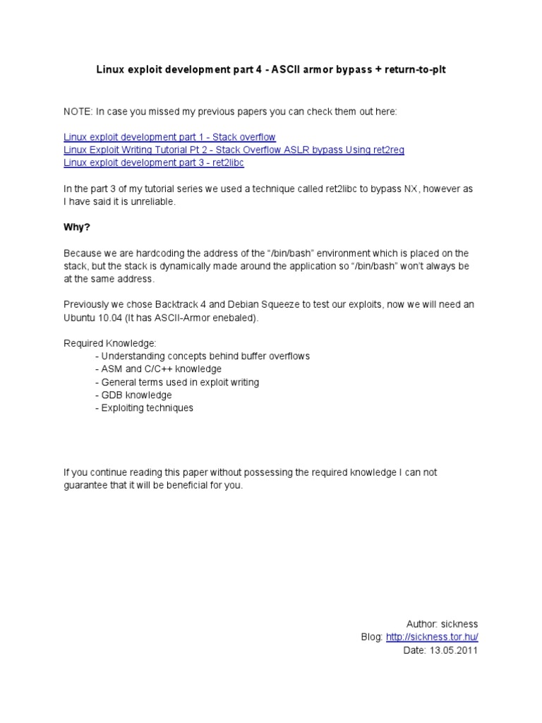 Linux Exploit Development Part 4 - ASCII Armor Bypass + Return-To-Plt | PDF | Software ...