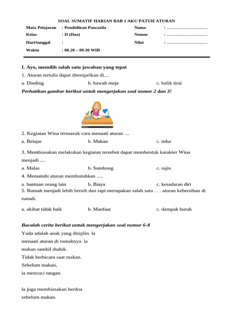 SOAL SUMATIF P Pancasila HARIAN BAB 1 Aku Patuh ATuran | PDF