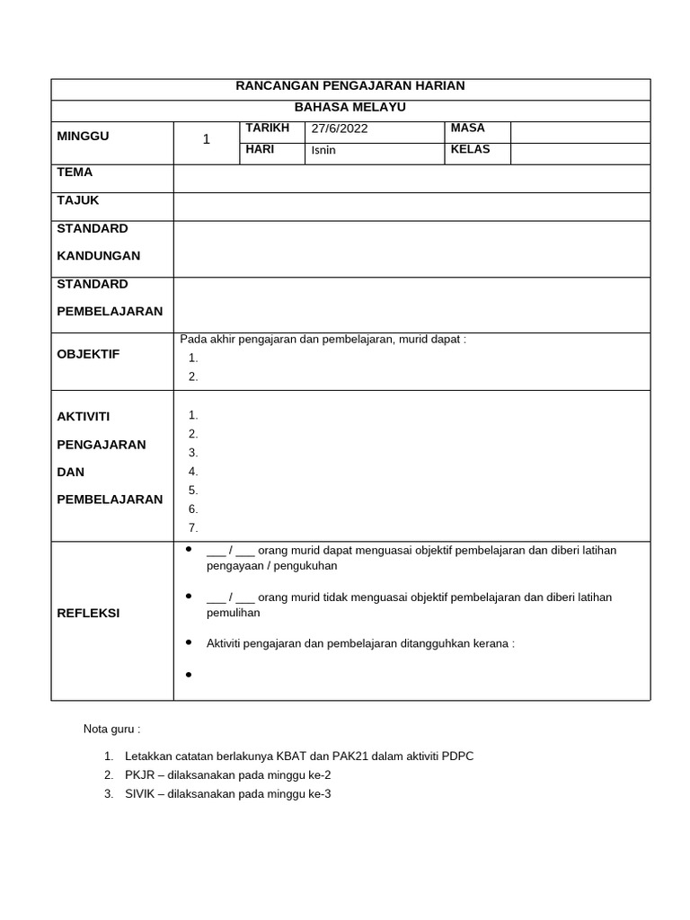 Templete RPH Bahasa Melayu 2024 | PDF