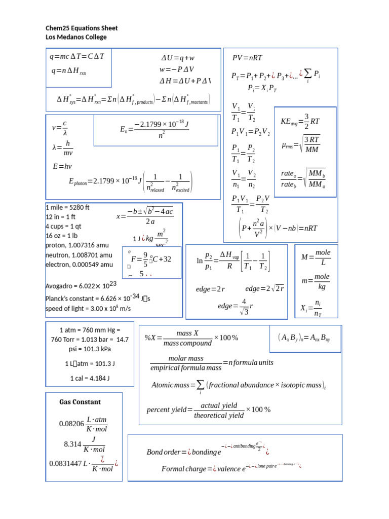 Chem 25 Equations Constantsv 3 | PDF | Mole (Unit) | Atoms