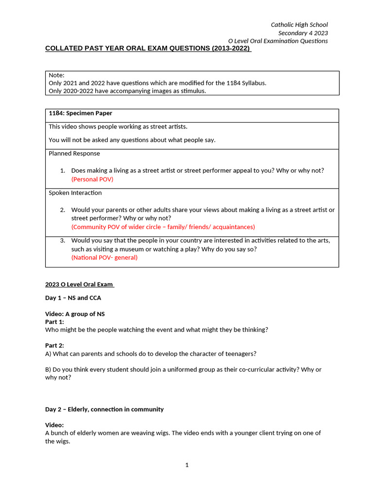 1128 Oral - SI Prompts - 2013-23 (Modified For 1184 Syllabus) | PDF ...