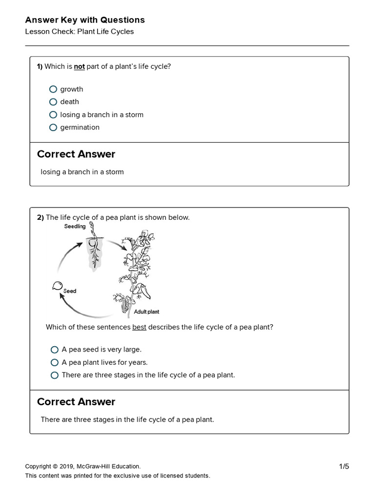 Lesson+Check+Answer+Key Plant+Life+Cycles | PDF | Seed | Flowers