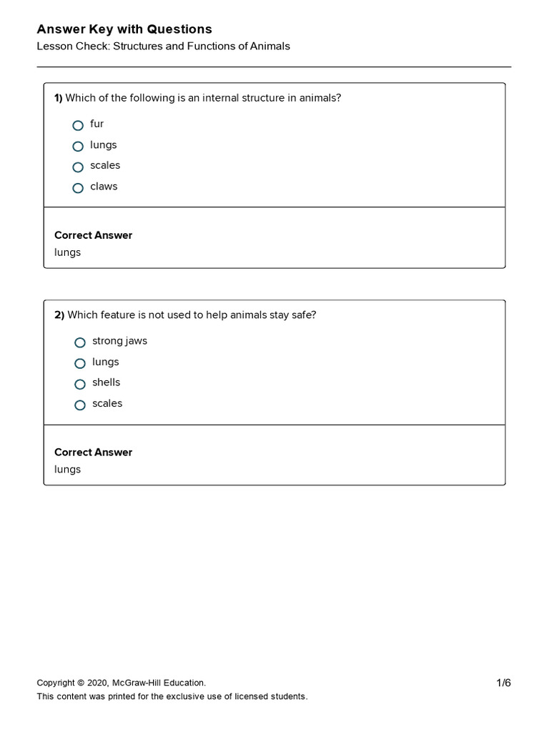 Lesson Check Answer Key Structures and Functions of Animals | PDF ...