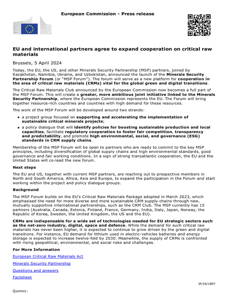 EU Press Release Critical Materials | PDF | European Union | Economies