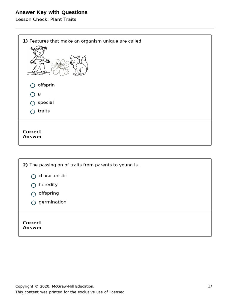 Lesson+Check+Answer+Key Plant+Traits | PDF | Heredity | Seed