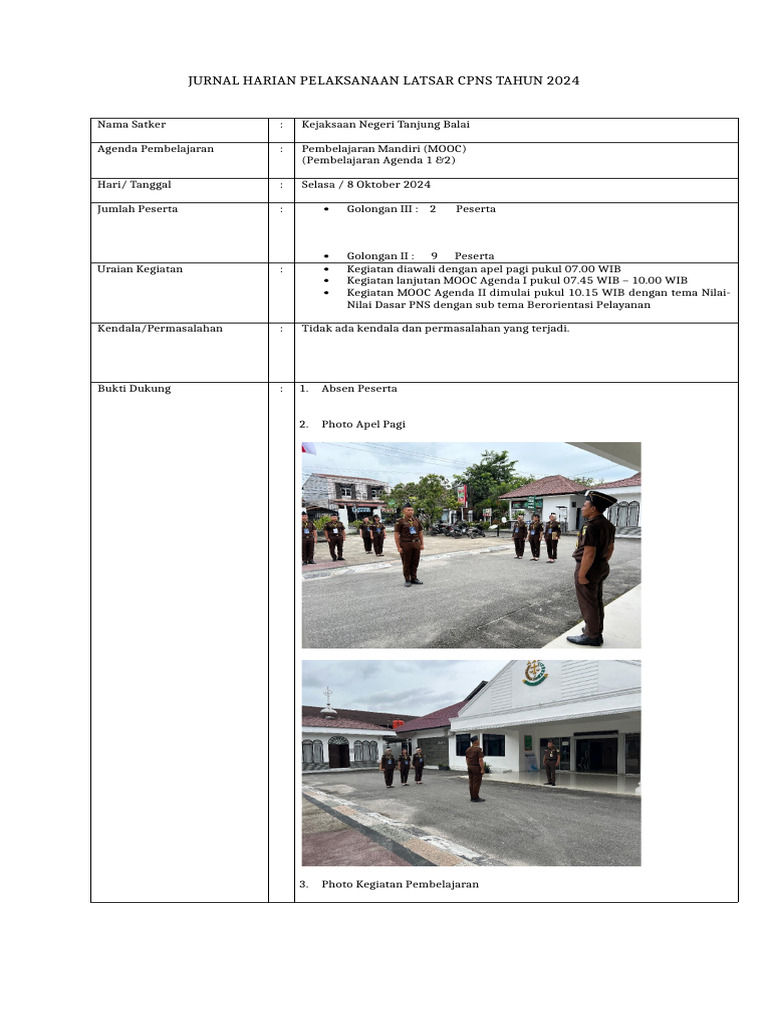 Jurnal Harian Pelaksanaan Latsar Cpns Tahun 2024 | PDF