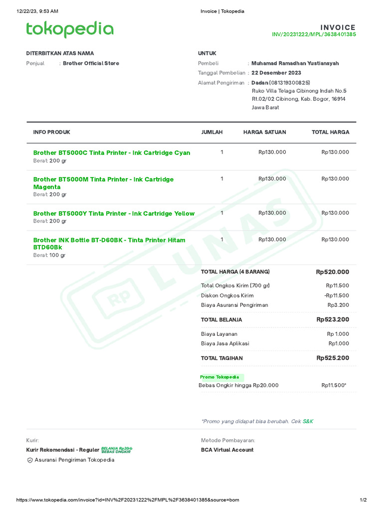 Invoice Pembelian Tinta Printer Tokopedia | PDF