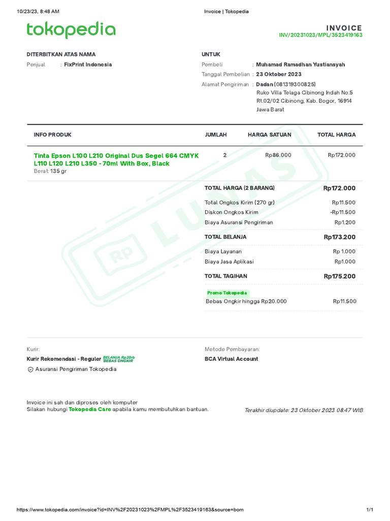 Invoice Pembelian Tinta Epson di Tokopedia | PDF