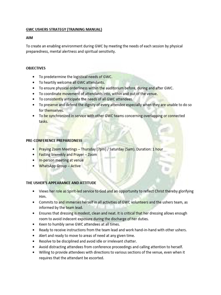 GWC Ushers Training Manual | PDF | Career & Growth