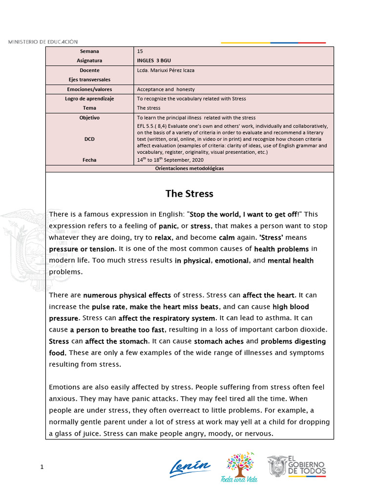 Ficha 15ingles_3bgu 14 18 Septiembre | PDF | Stress (Biology) | Mental Disorder
