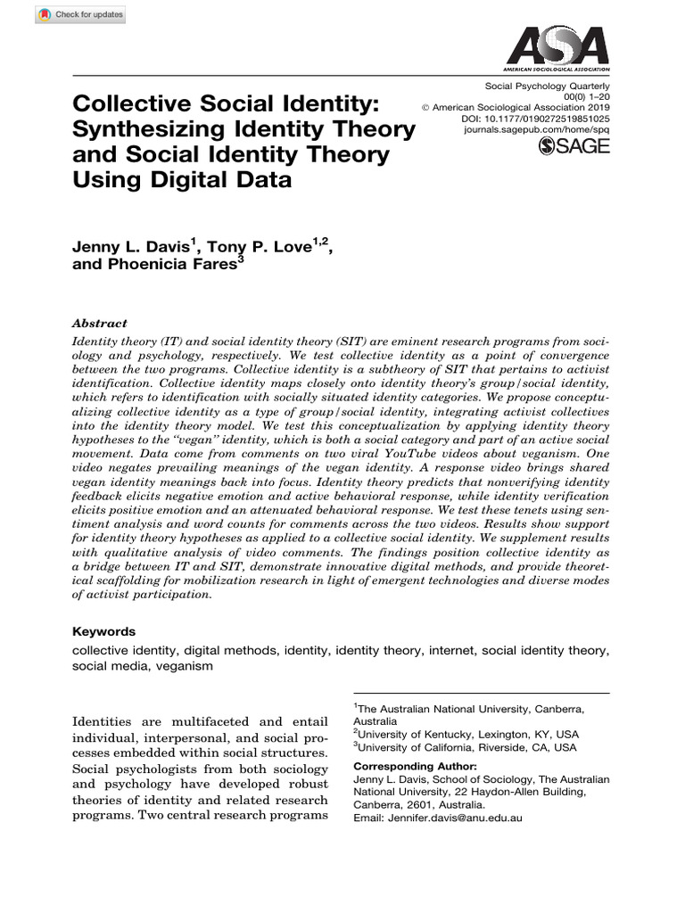 Collective Social Identity: Synthesizing Identity Theory and Social ...
