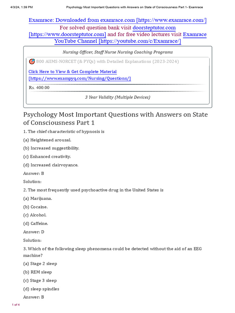 Psychology Most Important Questions With Answers On State of ...