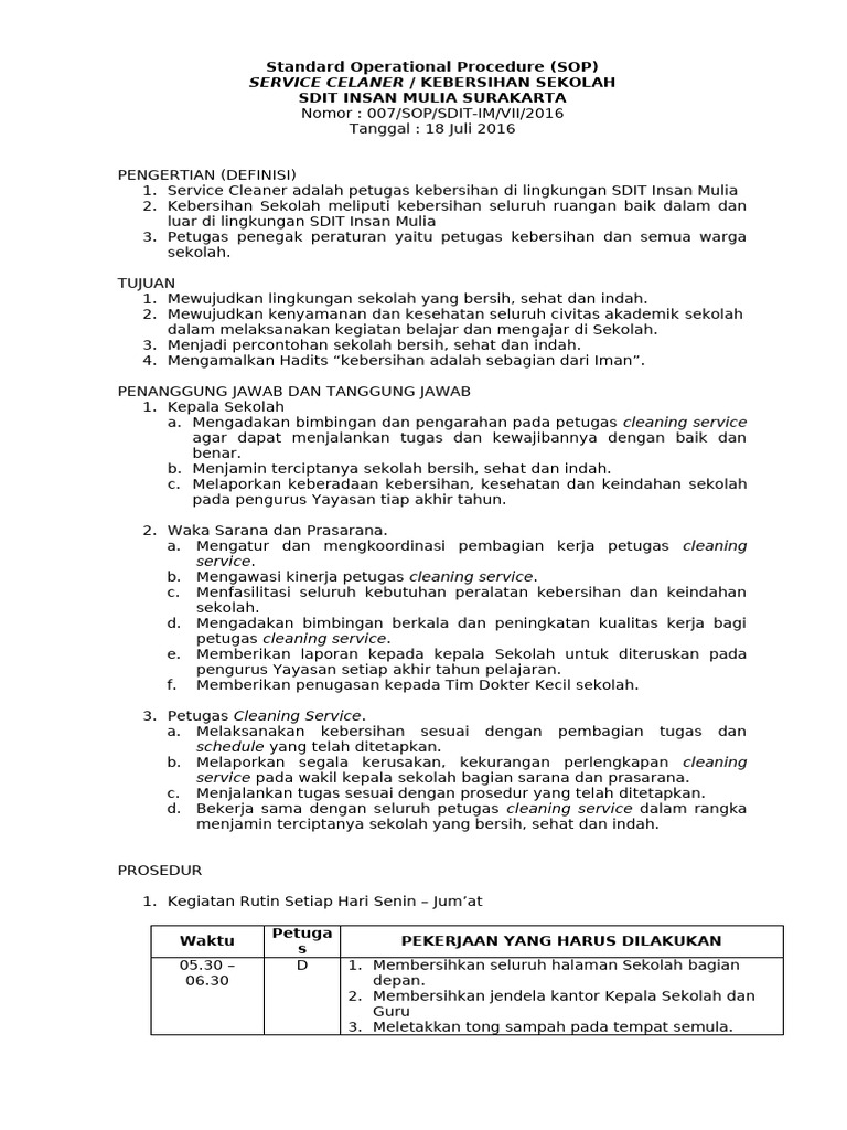SOP Kebersihan SDIT Insan Mulia | PDF