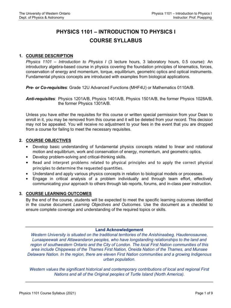 Physics1101 CourseSyllabus 2021 | PDF | Momentum | Acceleration