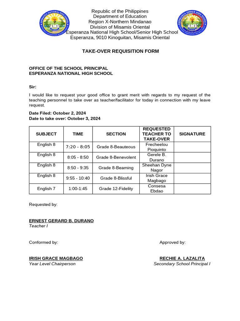 Request to Take Over Form | PDF