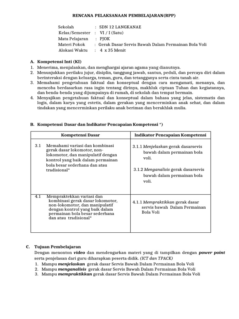 1 RPP Kls VI Servis Bawah Bola Voli | PDF