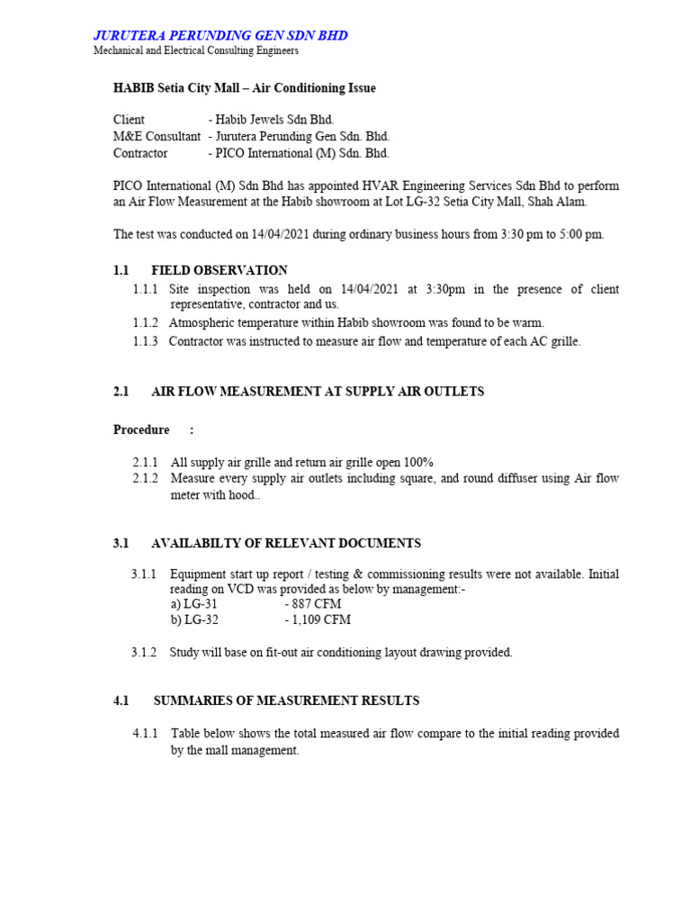 Habib Setia City Mall - Air Conditioning Report | PDF | Air Conditioning | Applied And ...