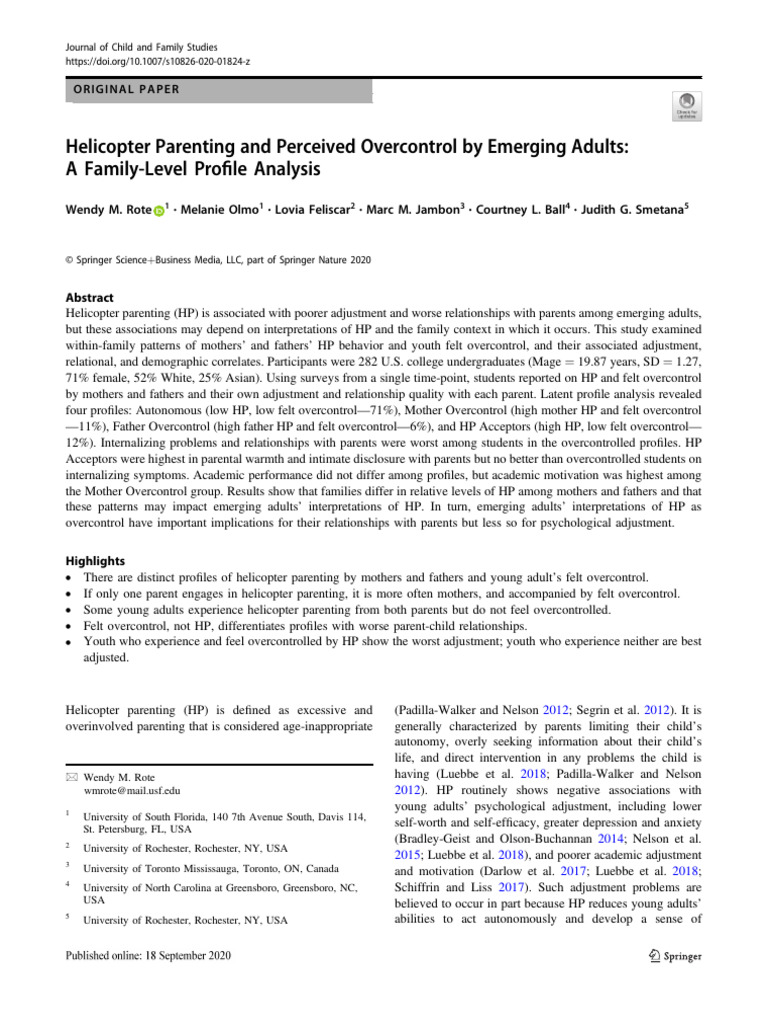 Helicopter Parenting and Perceived Overc | PDF | Dependent And Independent Variables | Adults