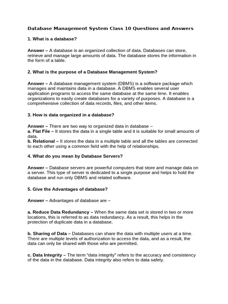 Class 10 DBMS Questions & Answers | PDF | Databases | Relational Database