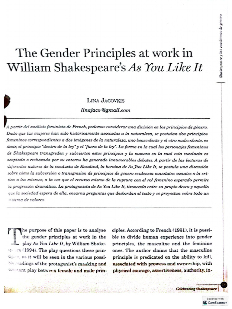 The Gender Principles at Work in William Shakespeares As You Like It | PDF