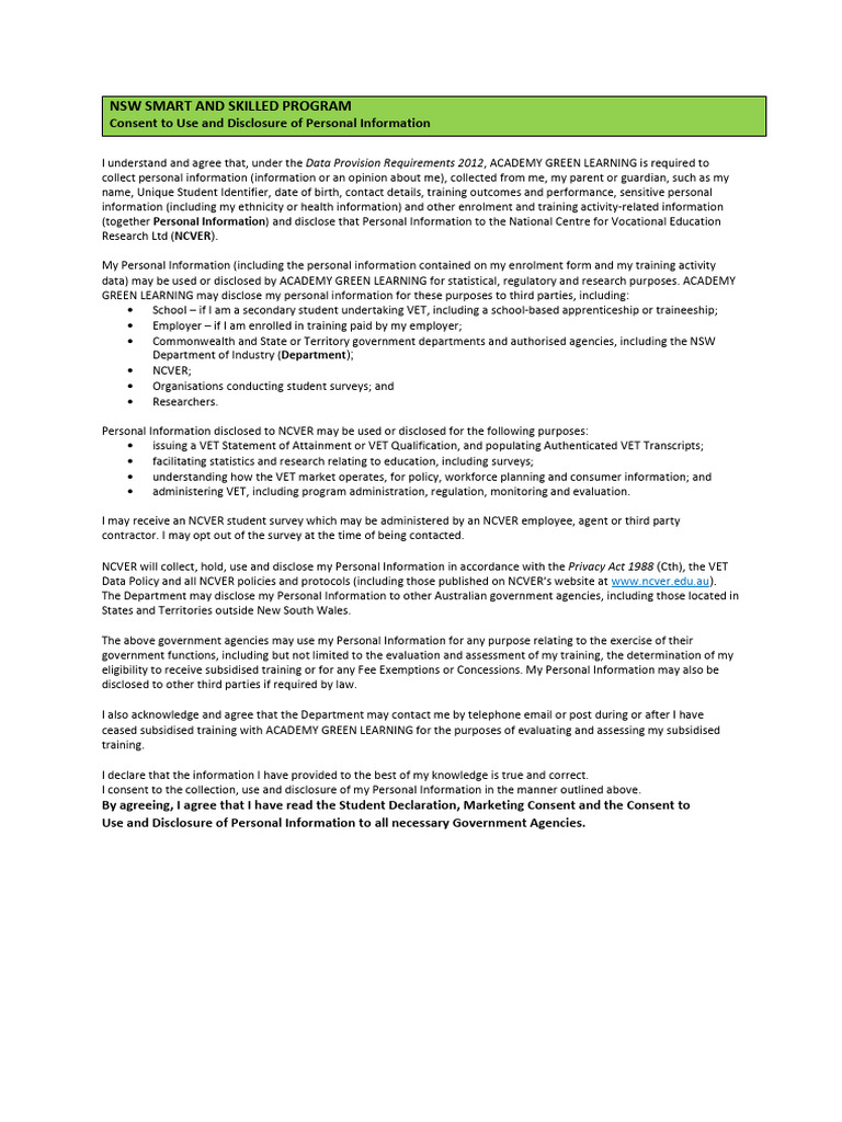 NSW Smart and Skilled Consent Form | PDF | Vocational Education
